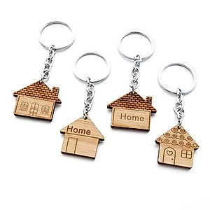 Wresty 4 Pcs House Design Key Chain Wood Keychain Home Key Ring Decoration Housewarming Gift Favors Brown