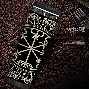 WONDERTIFY Viking Coffee Cup Magical Runic Compass Vegvisir Norse Runes Dragons Coffee Mug Stainless Steel Bottle Double Walled Thermo Travel Water Metal Canteen Black