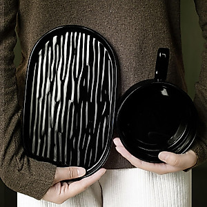 Wareland Soup Bowl with Handle & Salad Plate, Soup and Sandwich Plate Combo, 18oz Soup Mug/Cup for Cereal, Ceramic Pasta Plate for Appetizer, Dessert, Rice, Dishwasher & Microwave Safe, Bright Black