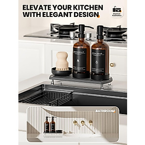 [Luxury] Kitchen Soap Dispenser Set - 16OZ Amber Glass Bottle, Stainless Steel Pump, Instant Dry Tray, Waterproof Labels, Non-Slip Silicone Pad, and Dish Brush | Upgrade for Your Kitchen and Bathroom