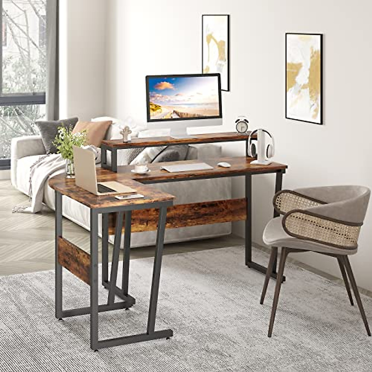 TREETALK Computer Desk, L-Shaped Corner Desk with Large Monitor Stand, Switchable PC Laptop Table, Gaming Writing Workstation for Home Office (Rustic Brown)