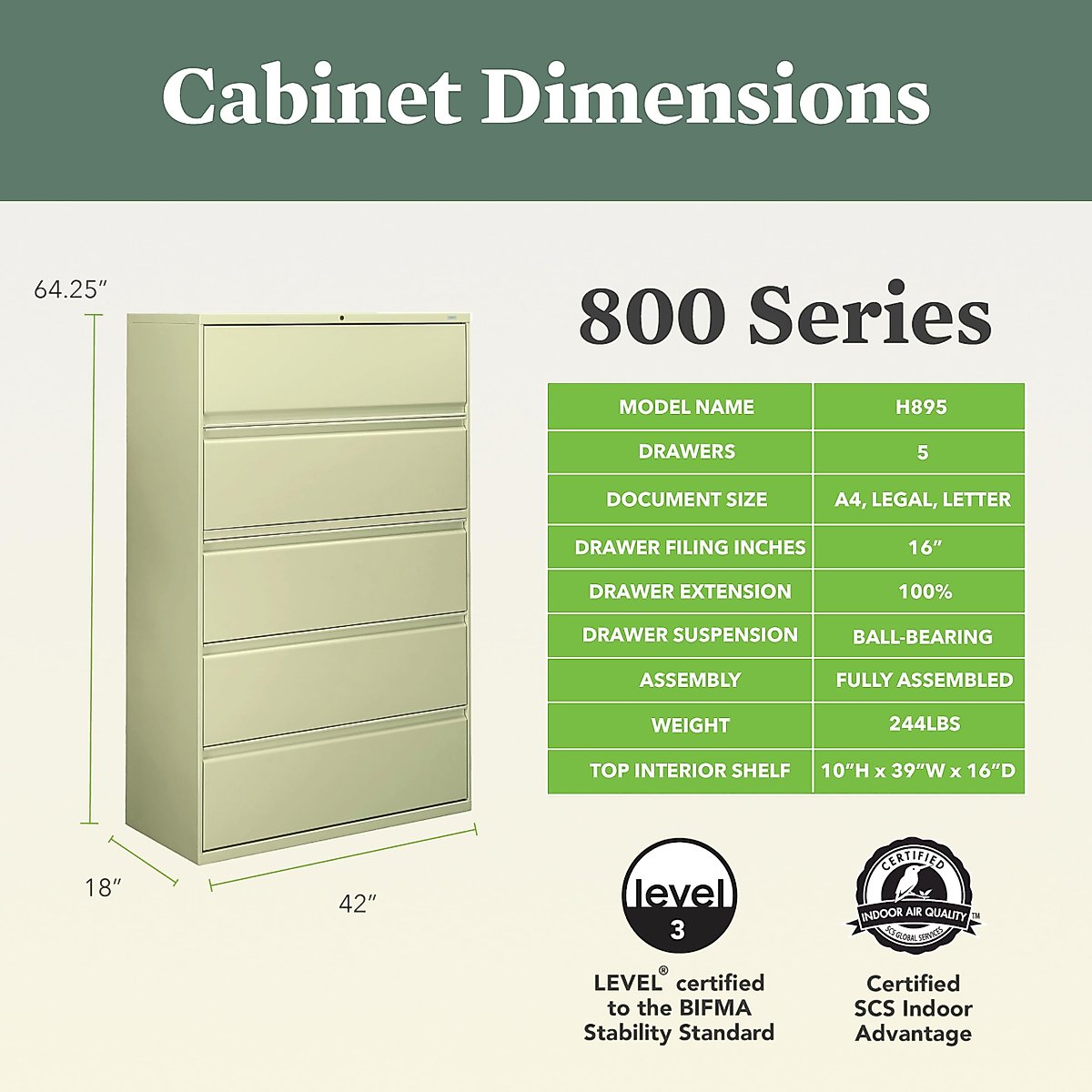 HON 5 Drawer File Cabinet with Lock - 800 Series Lateral Office Storage Cabinet Locking Metal Filing Cabinet with Drawers 42"W x 18"D - Adjustable Hangrails for A4, legal, Letter Files - Putty