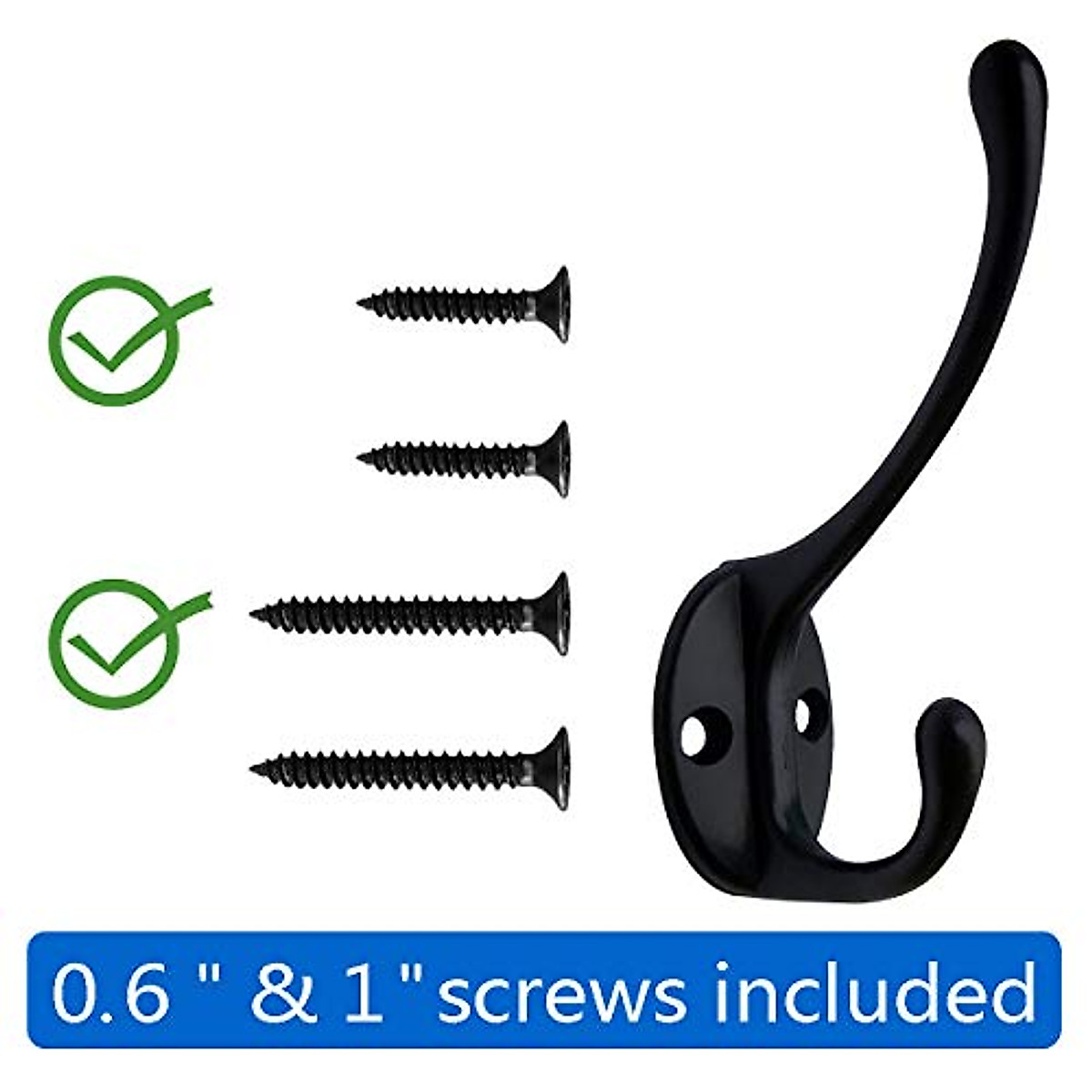 IBosins 10 Pack Heavy Duty Dual Coat Hooks Wall Mounted with 40 Screws Retro Double Hooks Utility Black No Rust Hooks for Coat, Scarf, Bag, Towel, Key, Cap, Cup, Hat (Black)