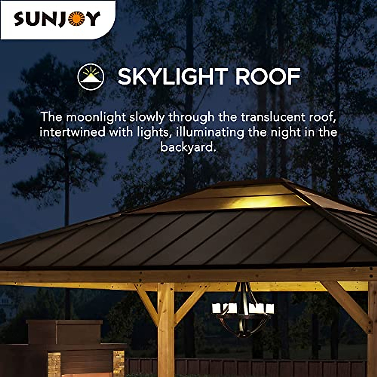 Sunjoy Hardtop Gazebo 13 x 15 ft. Standard Cedar Framed Wood Gazebo with Brown Steel and Polycarbonate Hip Roof Hardtop for Garden, Backyard Shade, Brown Roof + Natural Wood Frame