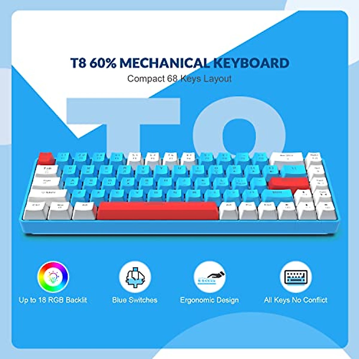 ZIYOU LANG RK-T8 Wired 65% Mechanical Gaming Keyboard with RGB LED Backlit Anti-ghosting TKL Mini 68 Key Custom Coiled C to A Cable Tactile Blue Switch for PS4 PS5 Xbox PC Mac Gamer(White/Blue/Red)