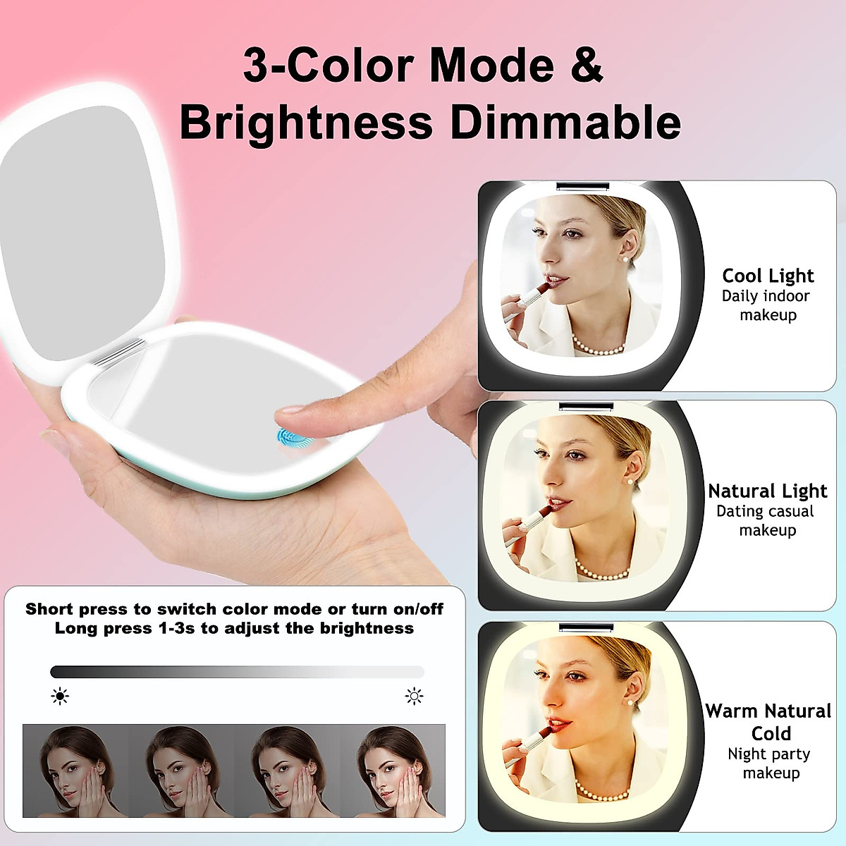 merifun LED Lighted Compact Makeup Mirror, Travel Magnifying Mirror 1x/10x - 56 LED Lights, Touch Sensor, 3 Colors Lights & Brightness Dimmable- Magnetic Closure, Rechargeable (Aqua)