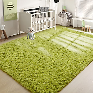 YJ.GWL Area Rugs for Living Room Bedroom, 4x6 Machine Washable Large Green Carpet, Soft Fluffy Shaggy Thick Big Shag Indoor Floor Rug for Kids Boy and Girls Room Dorm Home Decor Aesthetic