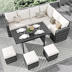 IDEALHOUSE 7 Pieces Outdoor Dining Set,Patio Sectional Sofa Conversation Set All Weather Wicker Rattan Couch Dining Table & Chair with Ottoman Beige
