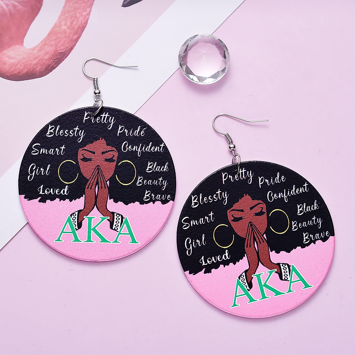 2 Pairs Paraphernalia Sorority Gifts Earrings Pink and Green Fashion Drop Earrings Painted Pattern Wooden Pendant Sorority Gifts for Women