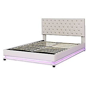 Lift Up Queen Size Storage Bed with LED Light, Velvet Upholstered Platform Bed with Adjustable Headboard, Modern Button Tufted Queen Bed Frame, No Box Spring Needed, White