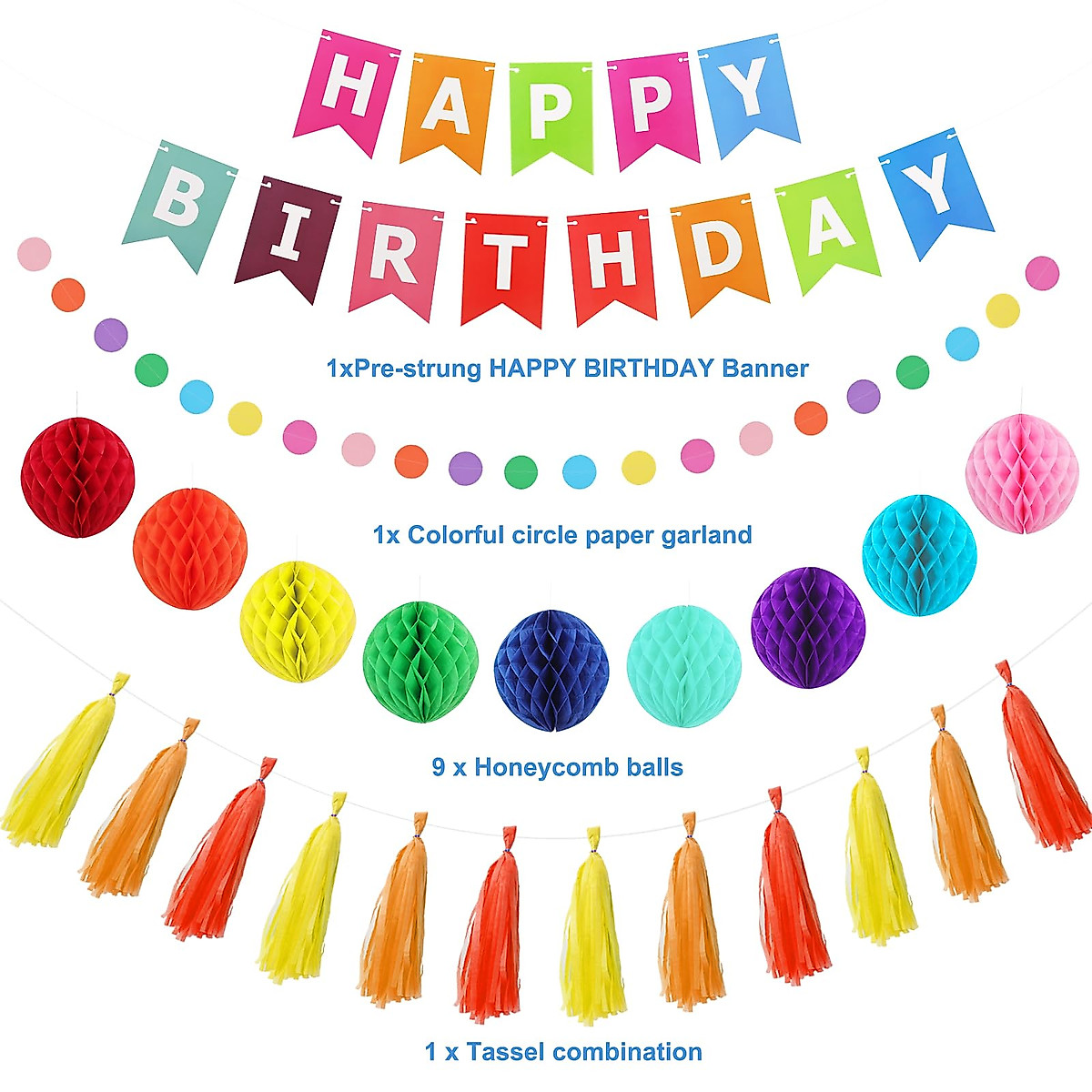 RUBFAC Rainbow Birthday Decorations Set, Colourful Happy Birthday Banner, Tissue Paper Pompoms, Circle Dots Garland and Paper Tassels Garland for Birthday Party Decorations