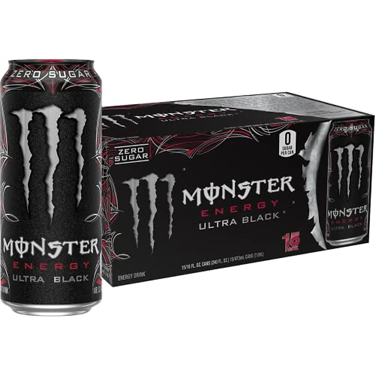 Monster Energy Ultra Black, Sugar Free Energy Drink, 16 Ounce (Pack of 15)