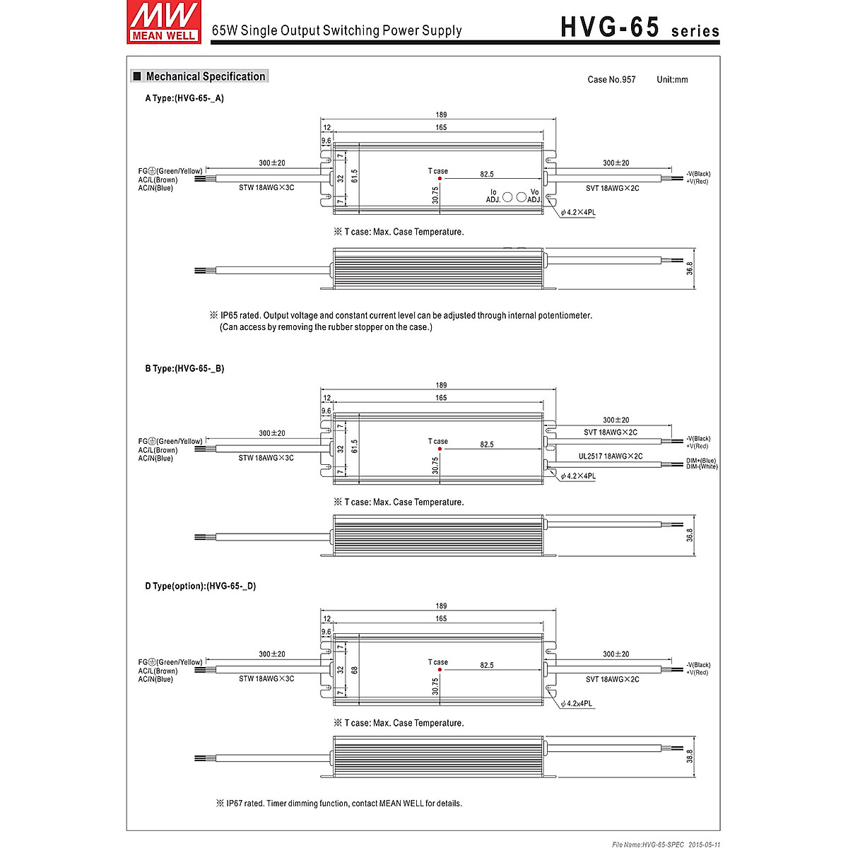 MEAN WELL HVG-65-12A 65 W Single Output 2.71 A 12 Vdc Output Max IP67 Swithcing Power Supply - 1 item(s)