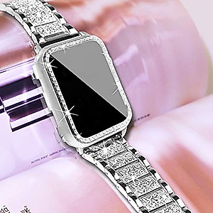 Mosonio Compatible with Apple Watch Band 44mm with Case Women, Jewelry Replacement Metal Wristband Strap with 2 Pack Bling PC Protective Cover for iWatch Series 6/5/4(Silver)