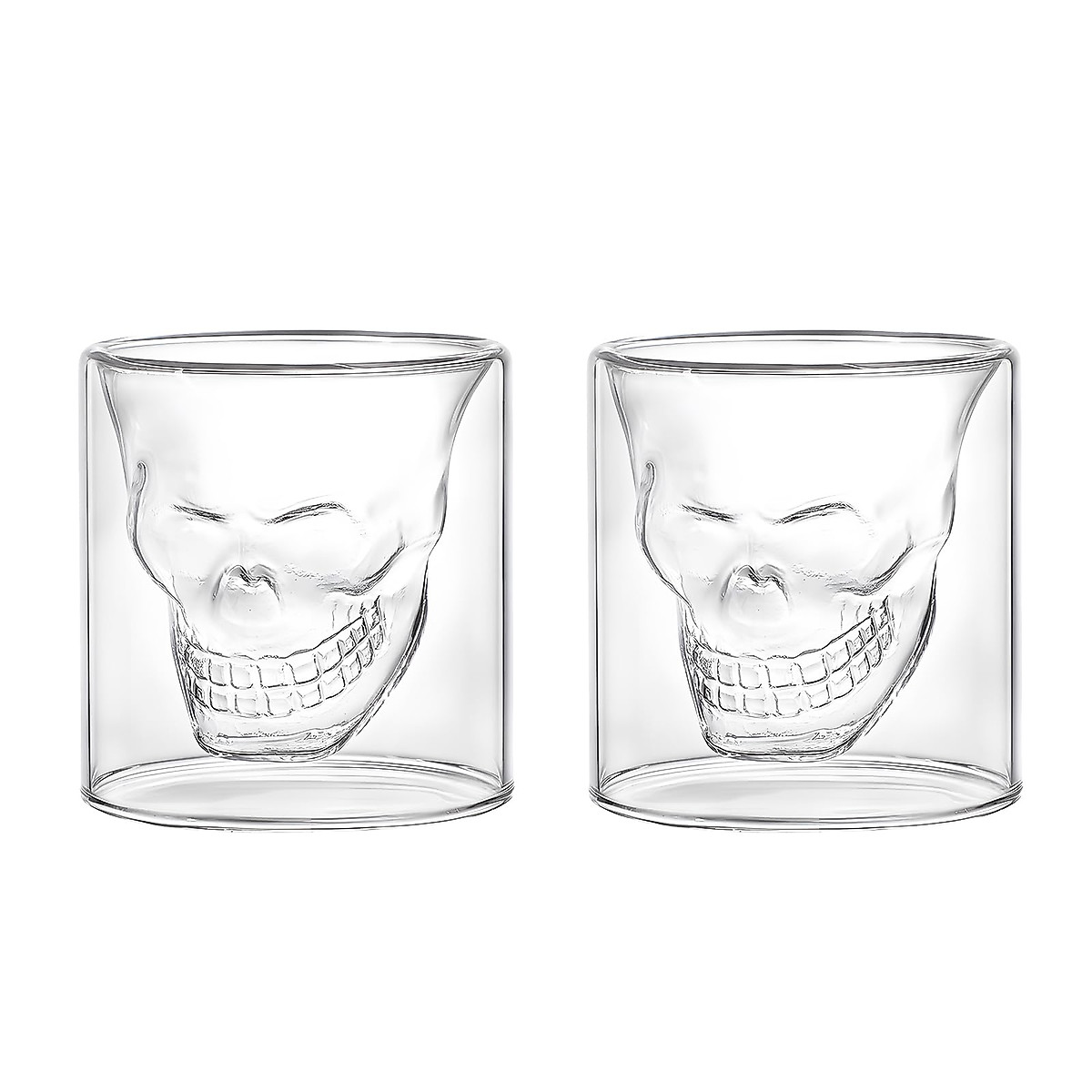 INTOWALK Skull Face Glasses Heavy Base Crystal Cups Set of 2, Party Home and Entertainment Dining Beverage Drinking Glassware for Whiskey Brandy Liquor Bar Decor Jello 250ML/8.84oz Clear