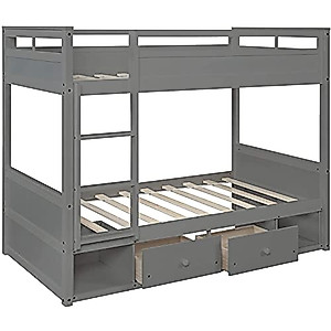 ATH-S Twin Over Twin Bunk Bed, Bunk Bed Frame with Storage Drawers, Wooden Twin bunk Bed with Safety Rail Ladder, Grey (Color : Grey with Trundle, Size : Full Over Full)