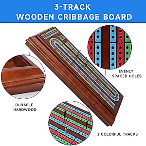 GSE Games & Sports Expert Multi-Color 3-Track Wooden Cribbage Board Game Box with 2 Deck Playing Cards, 9 Metal Pegs and Storage Drawer, Three-Track Cribbage Board with Large Storage