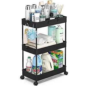 SPACELEAD 3 Tier Rolling Cart with Wheels, Storage Craft Art Cart Trolley Organizer Serving Cart, 3 Hanging Baskets Easy Assembly, for Office, Living Room, Kitchen, Black