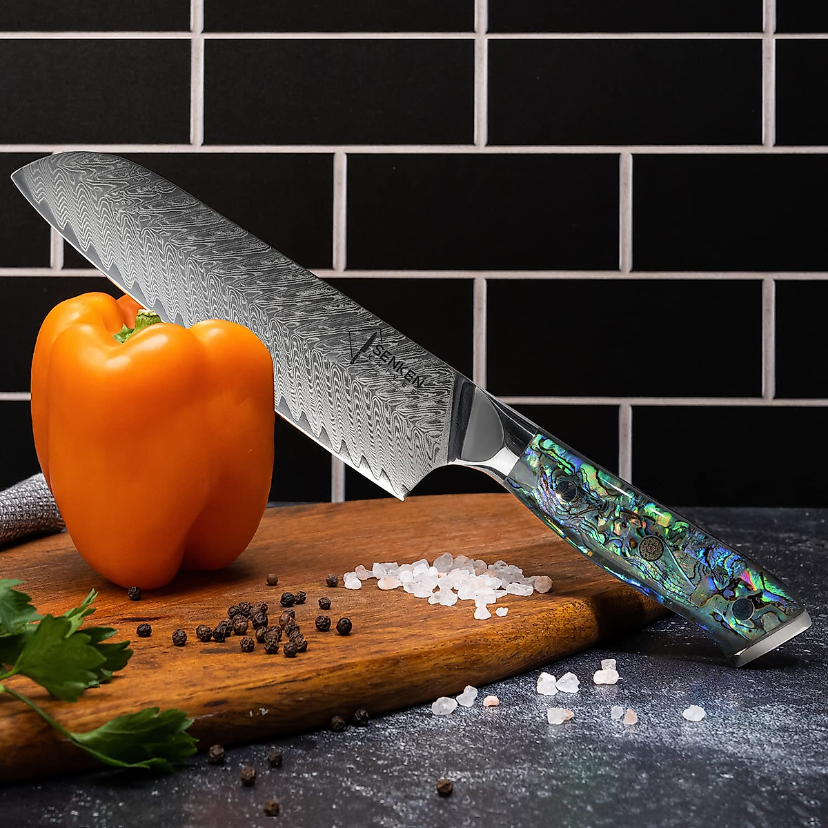 SENKEN Damascus Steel 7" Japanese Santoku Knife with Real Deep-Sea Abalone Shell Handle - Umi Collection - 67-Layer Japanese VG10 Forged Steel Blade, Integrated Full-Tang Molding (7" Santoku Knife)