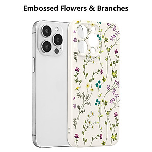 RALEAVO Floral Case for iPhone 14 Pro Max, Flower Branch Pattern Design Cute Cover Case for Girls Women Slim Thin Soft Silicone Shockproof Anti-Slip Phone Case for iPhone 14 Pro Max (6.7"),Beige