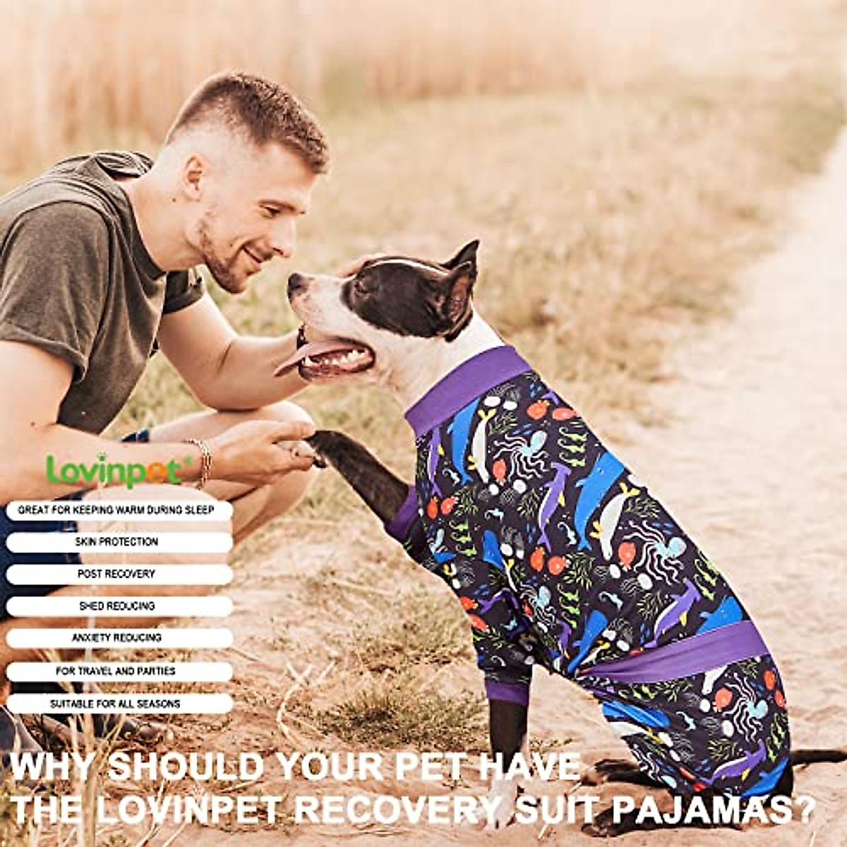 LovinPet Large Big Dog Pajamas - Post Surgery Onesie for Large Dog Breeds, Reflective Stripe, Lightweight breatheable stretchy knit, Charcoal Gray Deep Sea Print, Large Dog Jammies, Pet Pj's,Black 2XL