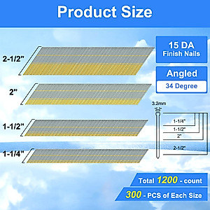 SimCos 15 Gauge 34-Degree DA Series Angled Finish Nails, (1-1/4", 1-1/2", 2", 2-1/2"), Galvanized Assorted Size Project Pack for Pneumatic, Electric Angled Finish Nailer or Nail Gun (Assembly 1200)