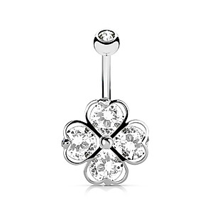 Dynamique Four CZ Set Heart Shamrock 316L Surgical Steel Belly Button Ring (Sold Per Piece)