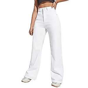 SweatyRocks Women's High Waisted Straight Wide Leg Jeans Boyfriend Denim Pants with Pockets White L