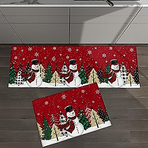 Miaklek Christmas Kitchen Rugs Set of 2 Anti Fatigue Mats for Kitchen Floor Cushioned Kitchen Rugs and Mats Non Slip Kitchen Runner Comfort Standing Mat, Cute Snowman Xmas Tree Winter Snowflake Red