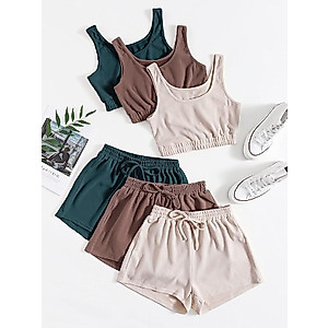 SheIn Women's 6 Pieces Outfits Crop Tank Top and Elastic Waist Shorts Set Multicolor Blue Medium