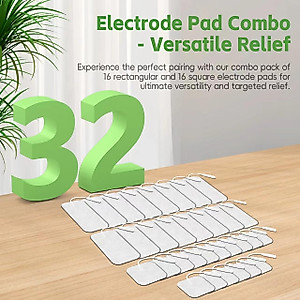 LYINIE TENS Unit Pads 32Pcs, 3rd Gen Reusable Latex-Free Replacement Pads Electrode Pads with Upgraded Self-Stick Performance for Muscle Stimulator Electrotherapy (2"x2" 16pcs, 2"x4" 16pcs)