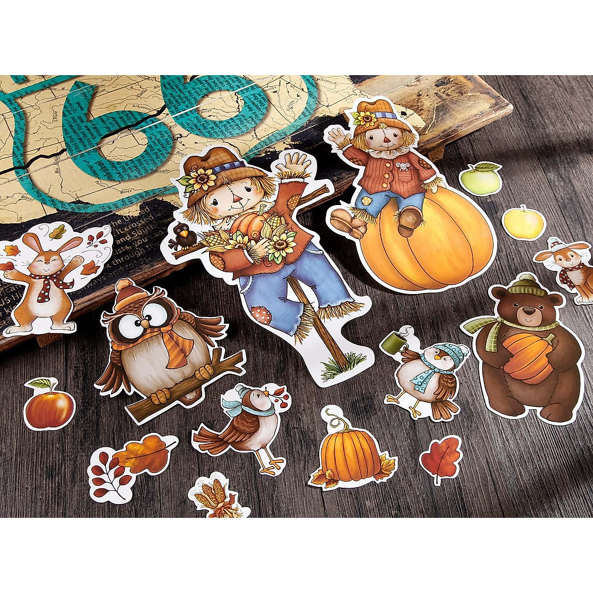 Quera 36Pcs Thanksgiving Bulletin Board Décor Cut-Outs Autumn Fall Classroom Decorations Scarecrow Forest Animals Bulletin Board Cutouts with Glue Point Dots Maple Leaves Crows Pumpkin Corns Acorns