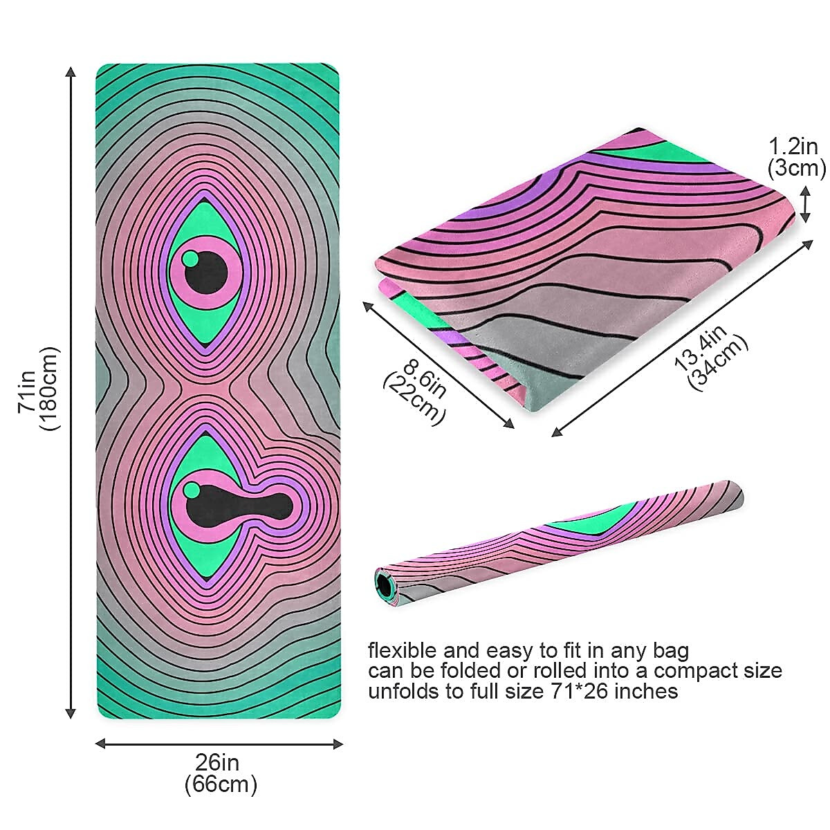 GOODOLD Trippy Melting Eye Yoga Mat Non-slip Eco Friendly Yoga Towel Exercise Indoor Outdoor Gym Pilates With Storage Bag for Women Men, 71 x 26inch