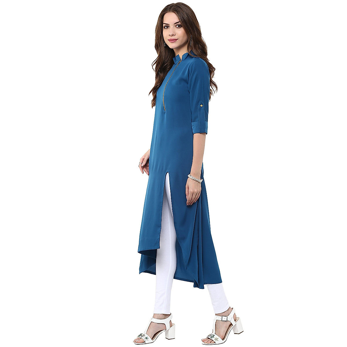 Janasya Women's Crepe Kurti Tunic Tops,Blue,Large,Blue,Large