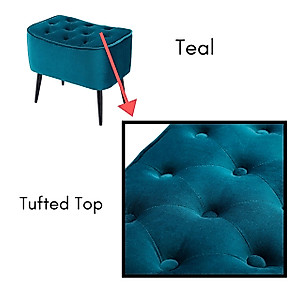 BIRDROCK HOME Tufted Curve Ottoman Velvet Foot Stool - Upholstered Padded Footrest for Living Room or Bedroom - Small Cushioned Accent Chair for Couch, Sofa, Lofted Seating - Modern Furniture - Teal