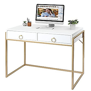 Anmytek Home Office Writing Desk 2 Drawers Storage, Contemporary Makeup Vanity Table Study Desk, W/Matte White and Gold Finish Frame D0003