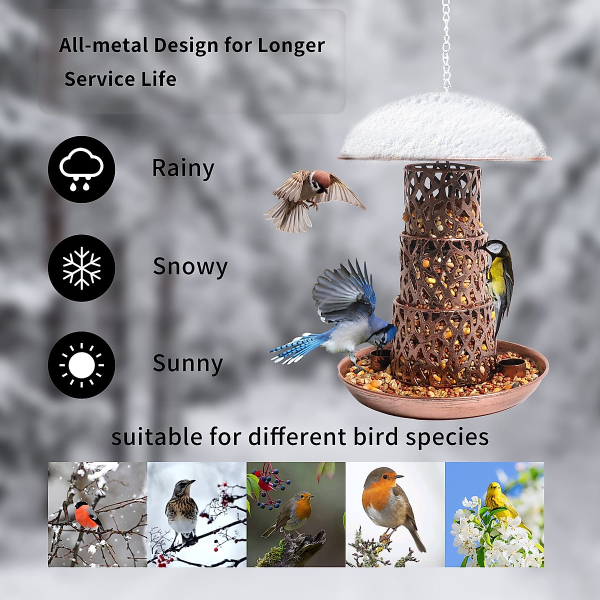 VGHELO Wild Bird Feeders for Outdoors Hanging, Metal Copper Bird Seed Feeders, Unique Hanging Bird Feeder for Backyard and Garden Decor