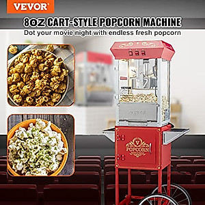 VEVOR Commercial Popcorn Machine, 8 Oz Kettle, 850 W Popcorn Maker on Wheels for 48 Cups per Batch, Theater Style Popper w/ 3-Switch Control Steel Frame Tempered Glass Doors Cart 2 Scoops 2 Spoons, Red