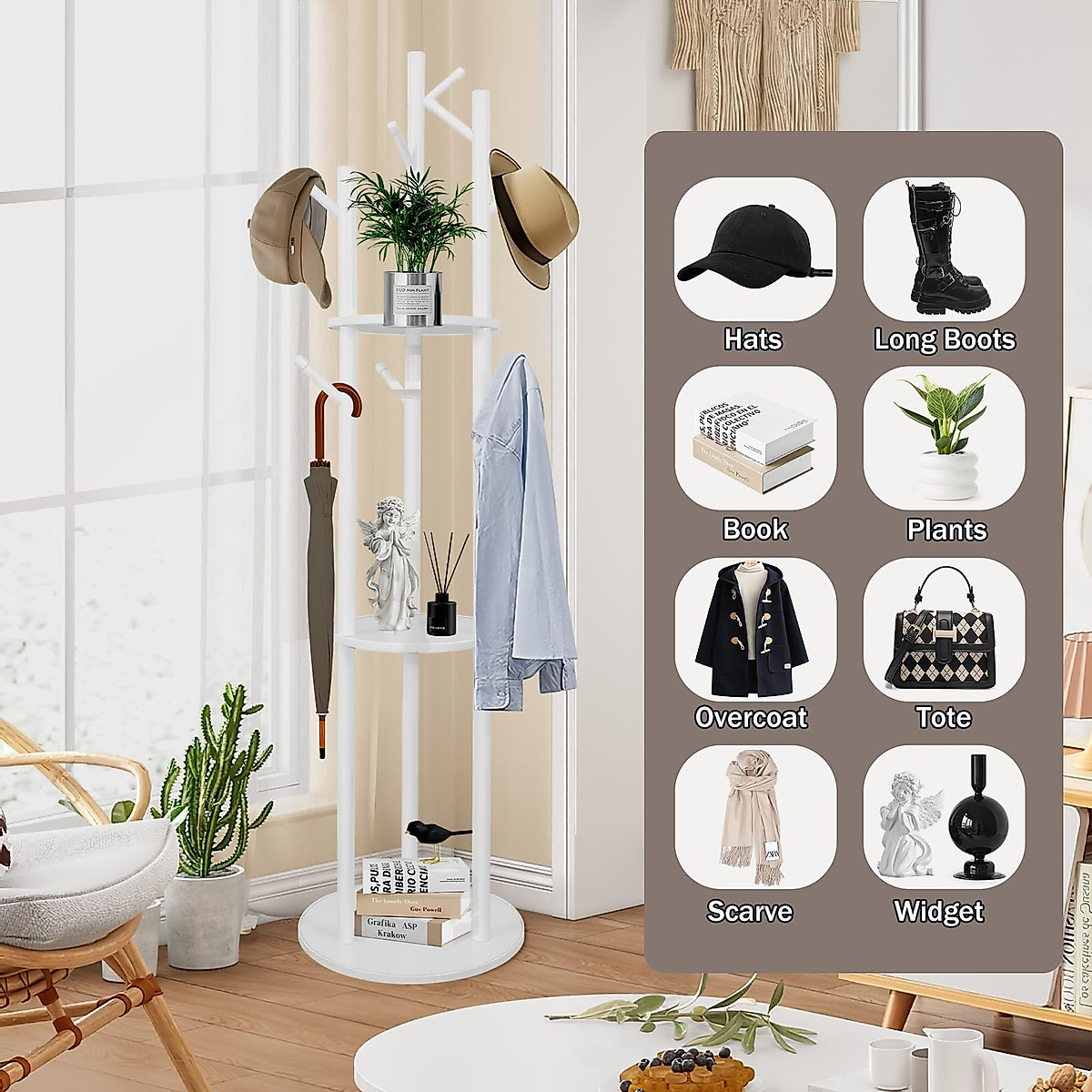 XIDIHF Freestanding Coat Rack with 9 Hooks & 3 Storage Shelves, Wooden Hat Rack Stand for Entryway, Hallway & Bedroom – Ideal for Hanging Clothes, Hats, Bags, Keys, White