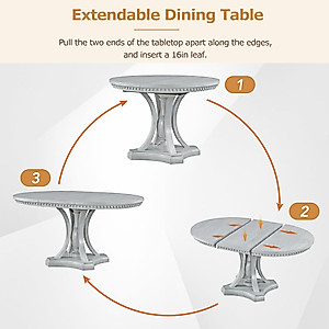 POCIYIHOME, Wood Two-Size Round to Oval Butterfly Leaf, 4 Upholstered Armrest, 4 (Antique Grey Oak), 5-Piece Extendable Dining Table/Chairs Set