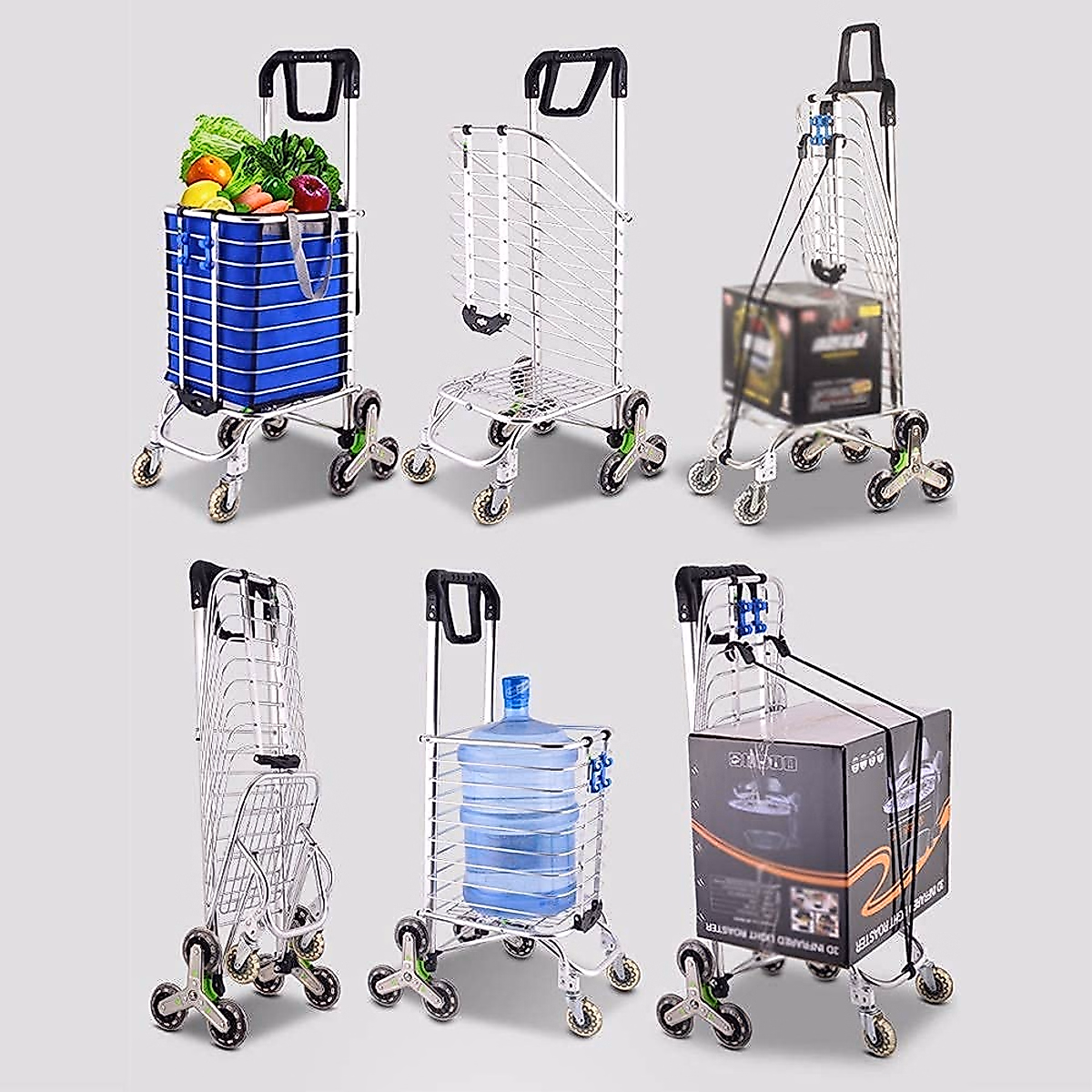 Shopping Trolley on Wheels Multi Function s,Kitchen Storage Utility Carts Foldable Dual Use Aluminum Alloy Climbing Shopping Cart 8 Rounds Crystal Wheel, Load 35 Kg Hand Trucks,Blue-B,