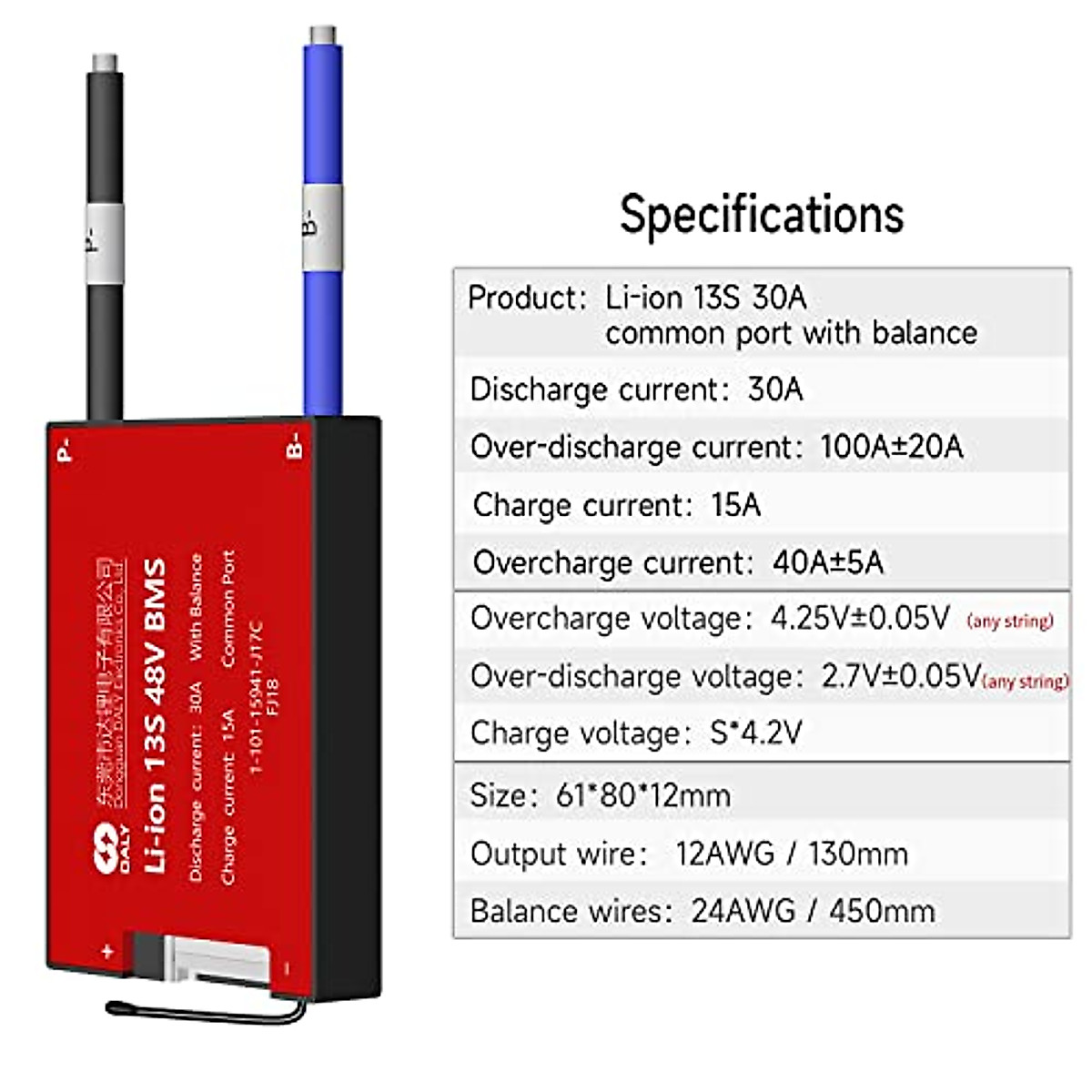 DALY BMS 13S 48V 30A Li-ion Battery Protection Module PCB Protection Board with Balance Leads BMS for 18650 Battery Pack 48V(Standard BMS,30A)