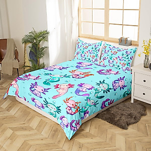 Manfei Cartoon Axolotl Bedding Set Twin Size for Bedroom Decorative,Cute Purple Blue Wildlife Animal Duvet Cover,Green Polka Dots Sea Creature Bedding Quilt Cover with 1 Pillow Cases