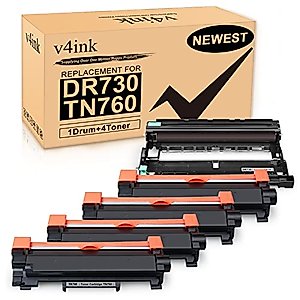 v4ink Compatible DR-730 Drum and TN-760 Toner Cartridge Set Replacement for Brother DR730 TN760 TN730 for use with HL L2325DW L2350DW L2370DW MFC L2690DW L2710DW L2717DW (1 DR730 Drum+ 4 TN760 Toner)