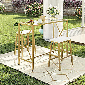 HOOBRO Bar Table Set of 2, 3 Piece Modern Bar Table and Chairs Set, 39.4'' Pub Table Dining Set, Counter Height Table, for Living Room, Kitchen Small Space, Gold and White GD14BT01