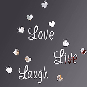 MAKLYER DIY Sticker, Love Live Laugh Heart 3D Mirror Wall Stickers Home Decoration 24 Pieces/Set Color: Silver