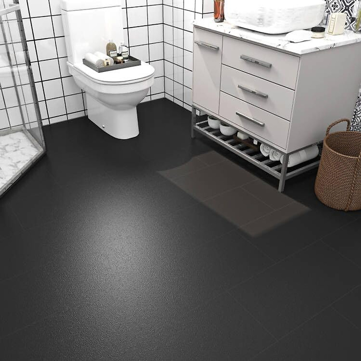 FunStick 12"x24" Peel and Stick Floor Tile Waterproof Black Vinyl Flooring Planks Peel and Stick Flooring Tiles for Bathroom Floor Tile Sticky Tiles for Kitchen Laminate Flooring Bedroom Laundry 5 Pcs