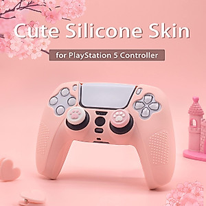 BRHE Skin for PS5 Controller Grip Cover Anti-Slip Silicone Protector Rubber Case Cute Kawaii Accessories Set Gamepad Joystick Shell with 2 Thumb Grip Caps (Full Covered, Pink)