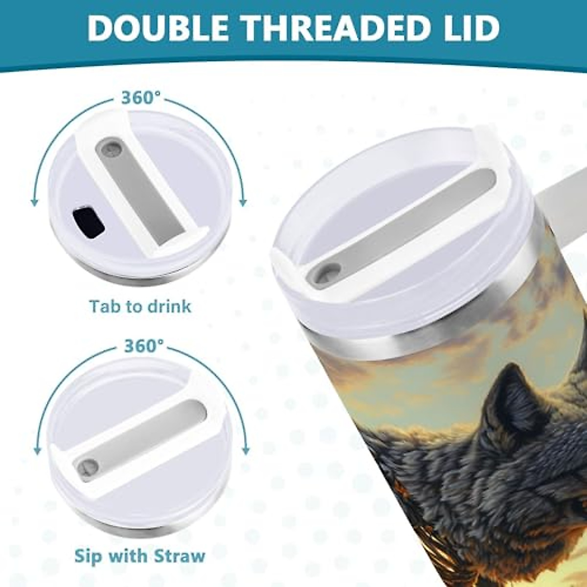 Slewiaeky Tumbler with Handle 40 oz Gothic Skull Cool Wolf Travel Mug with Lid and Straw Stainless Steel Vacuum Insulated Water Bottle Cup for Iced Tea Coffee Cold Beverages Cup Holder Friendly
