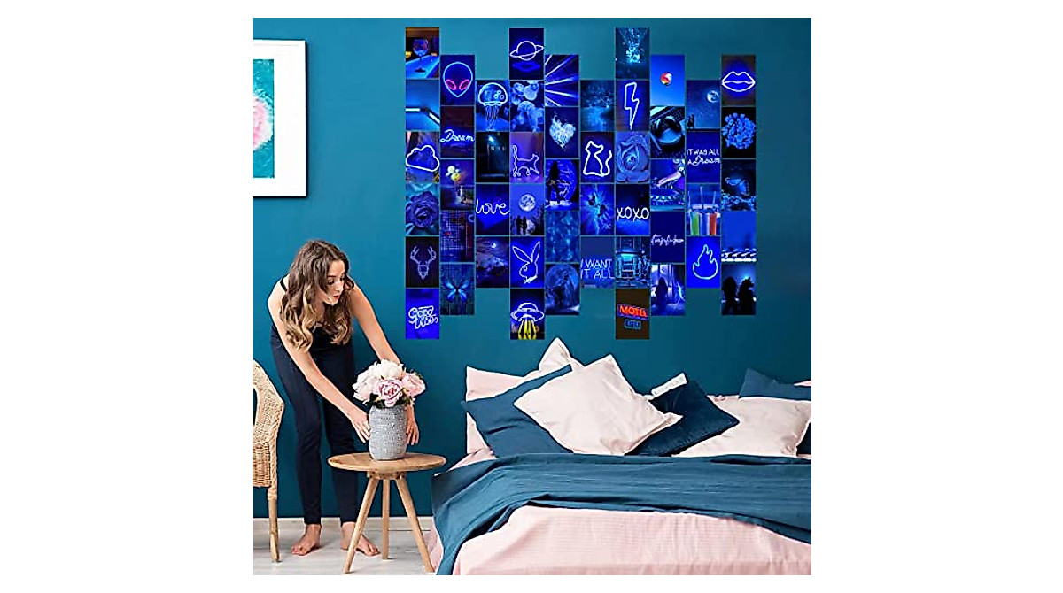 Blue Neon Wall Collage Kit - 50 Aesthetic Posters for Teen Bedrooms